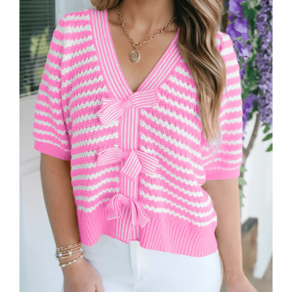 Graylee Pink Stripe Short Sleeve Knit V Neck Bow Knot Sweater – MCM ...