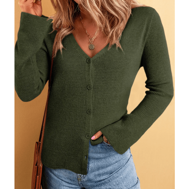 Leigh Green Lightweight Ribbed Knit Button Front V Neck Cardigan – MCM ...
