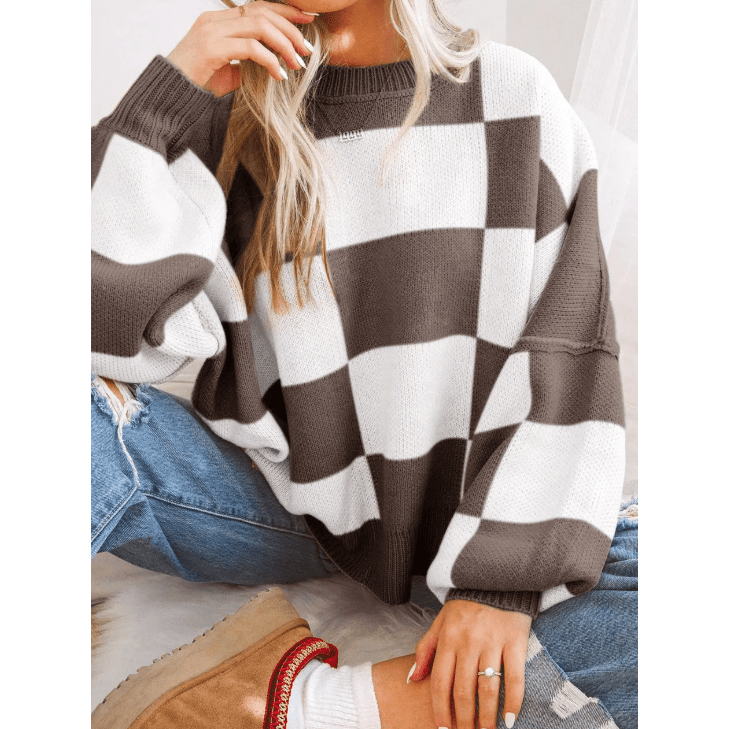 Maryam Brown Checkered Bishop Sleeve Sweater – MCM Wholesale