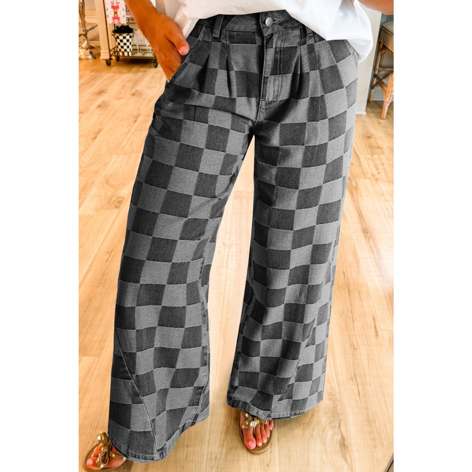 Leddi Grey Checkered Denim Wide Leg Jeans – MCM Wholesale